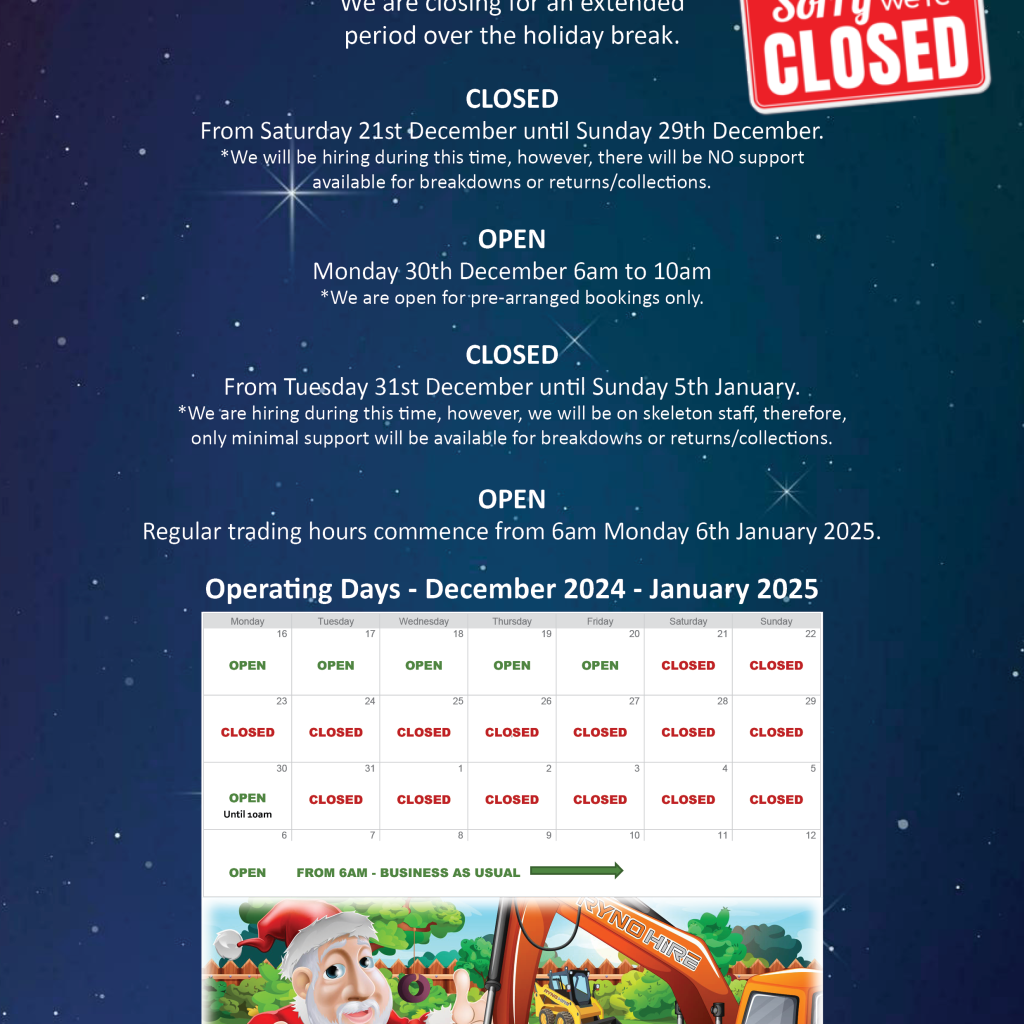 Christmas Holiday Trading Days 2024/2025 - Ryno Hire